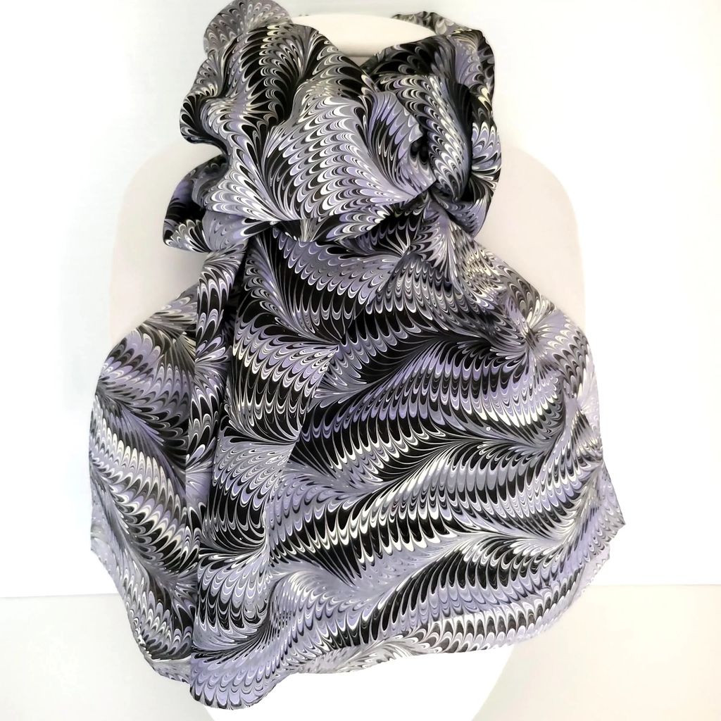 Hand Marbled Silk Scarf Icarus Pattern in Black, Charcoal, and Pale ...